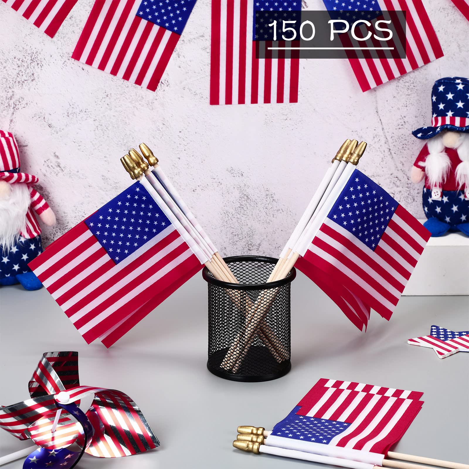 150 Pack Small American Flags on Stick 4 x 6 Inches Small US Flags Wooden Stick Patriotic Decorations Handheld Fourth of July Flag Mini American Flags for Lawn Memorial Day Independence Day Decoration