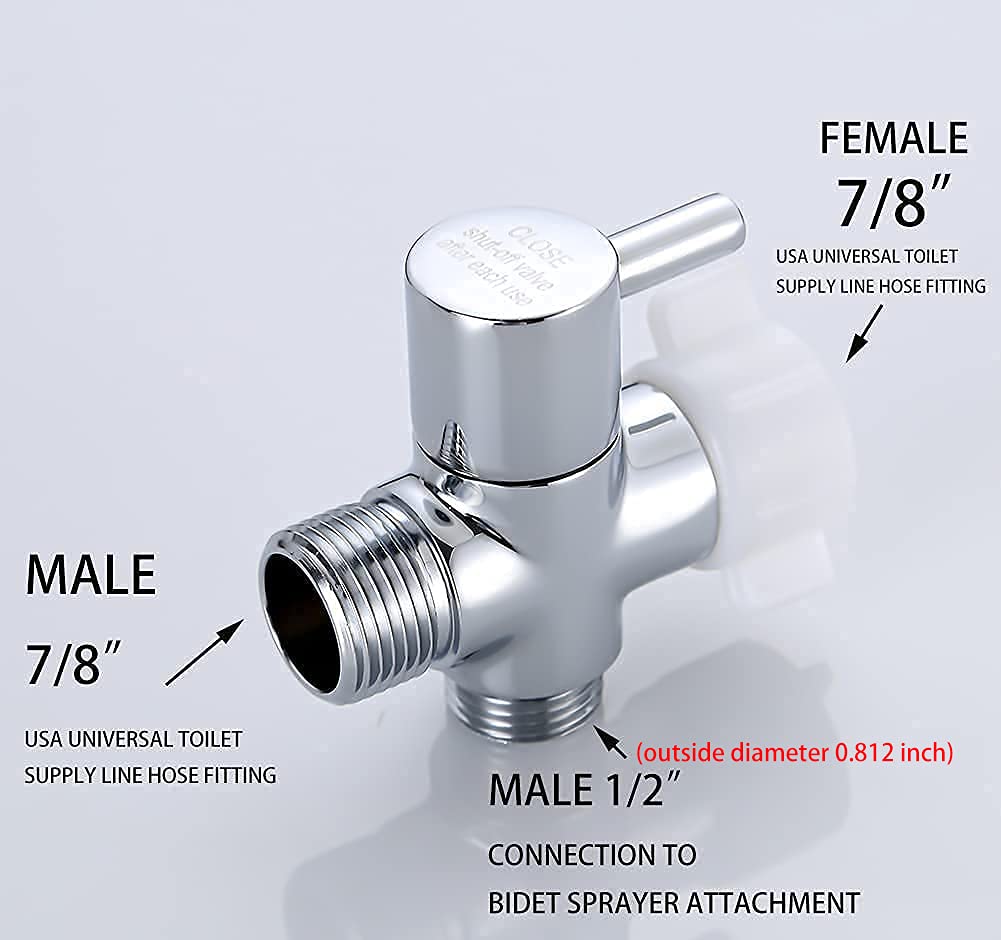 Carvedexquisitely T-adapter with Shut off Valve, Metal Brass 3-way T Adapter for Handheld Toilet Bidet Spray,7/8"×7/8"×1/2" or 3/8" chrome