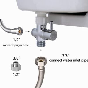 Carvedexquisitely T-adapter with Shut off Valve, Metal Brass 3-way T Adapter for Handheld Toilet Bidet Spray,7/8"×7/8"×1/2" or 3/8" chrome