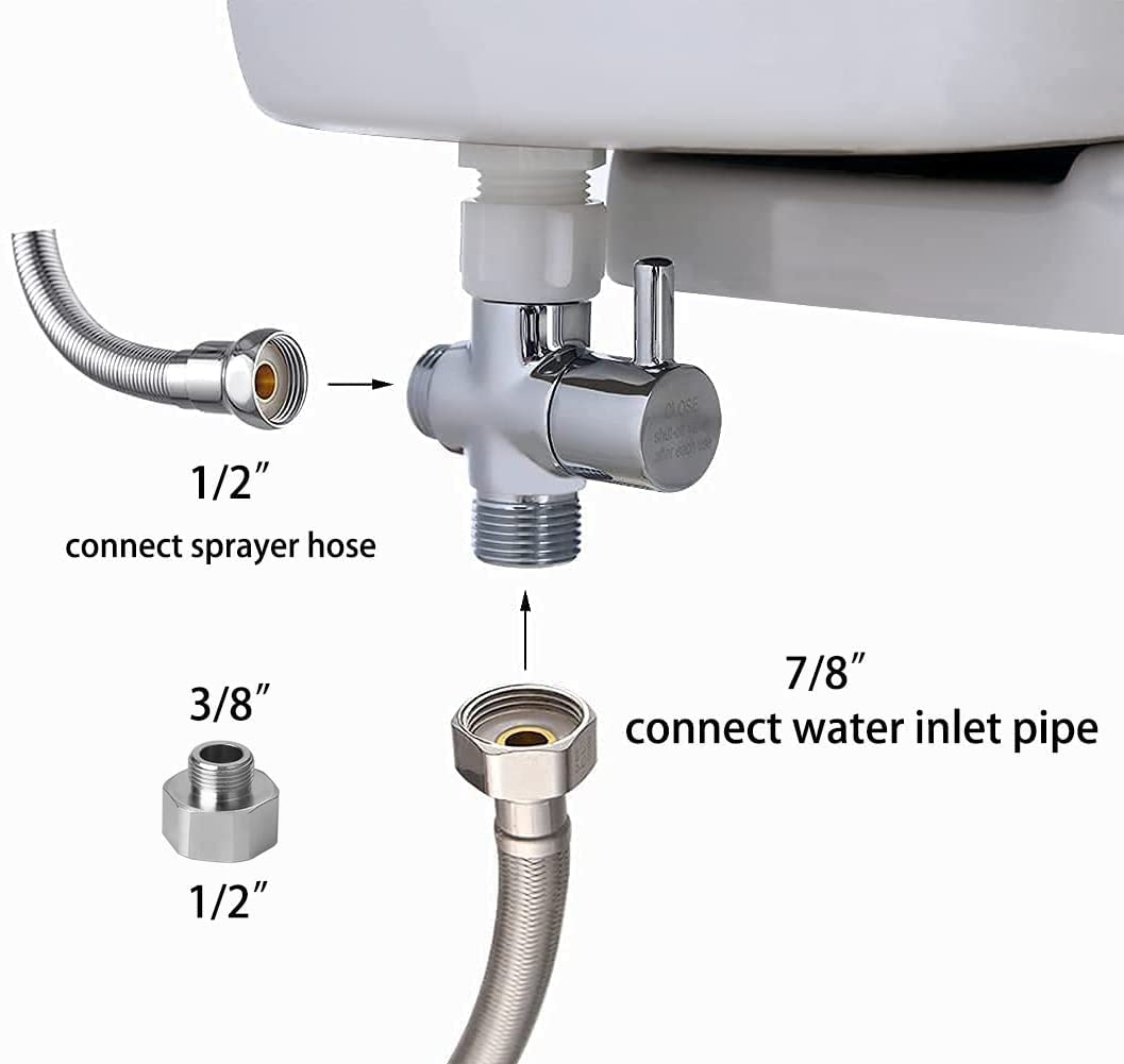 Carvedexquisitely T-adapter with Shut off Valve, Metal Brass 3-way T Adapter for Handheld Toilet Bidet Spray,7/8"×7/8"×1/2" or 3/8" chrome