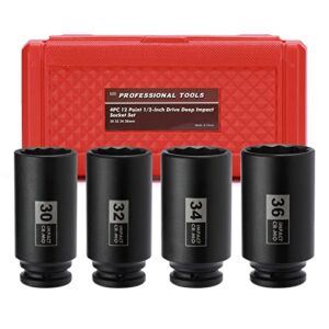 mayouko 4pcs 1/2" drive deep axle nut impact socket set, cr-mo, 12 point design, metric, 30,32,34,36mm, 1/2 inch extra deep impact socket