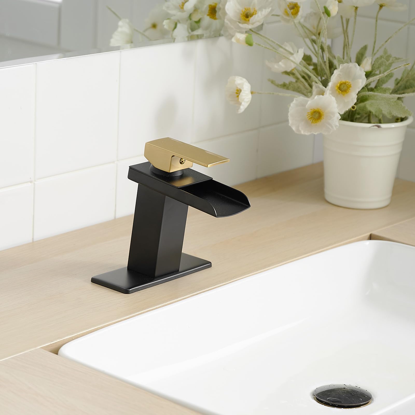 BATHLAVISH Black and Gold Bathroom Sink Faucet Waterfall Modern Single Hole Single Handle Lavatory Vanity Sink with Pop Up Drain with Overflow