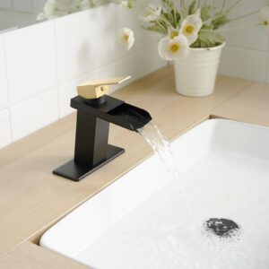 BATHLAVISH Black and Gold Bathroom Sink Faucet Waterfall Modern Single Hole Single Handle Lavatory Vanity Sink with Pop Up Drain with Overflow