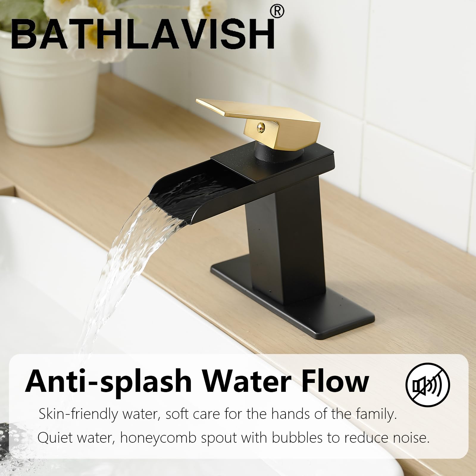 BATHLAVISH Black and Gold Bathroom Sink Faucet Waterfall Modern Single Hole Single Handle Lavatory Vanity Sink with Pop Up Drain with Overflow