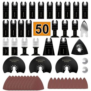 50 pack oscillating saw blades, universal quick release multi tool blades kits, sanding set, multitool blades fit for black & decker porter cable dewalt chicago rockwell makita craftsman