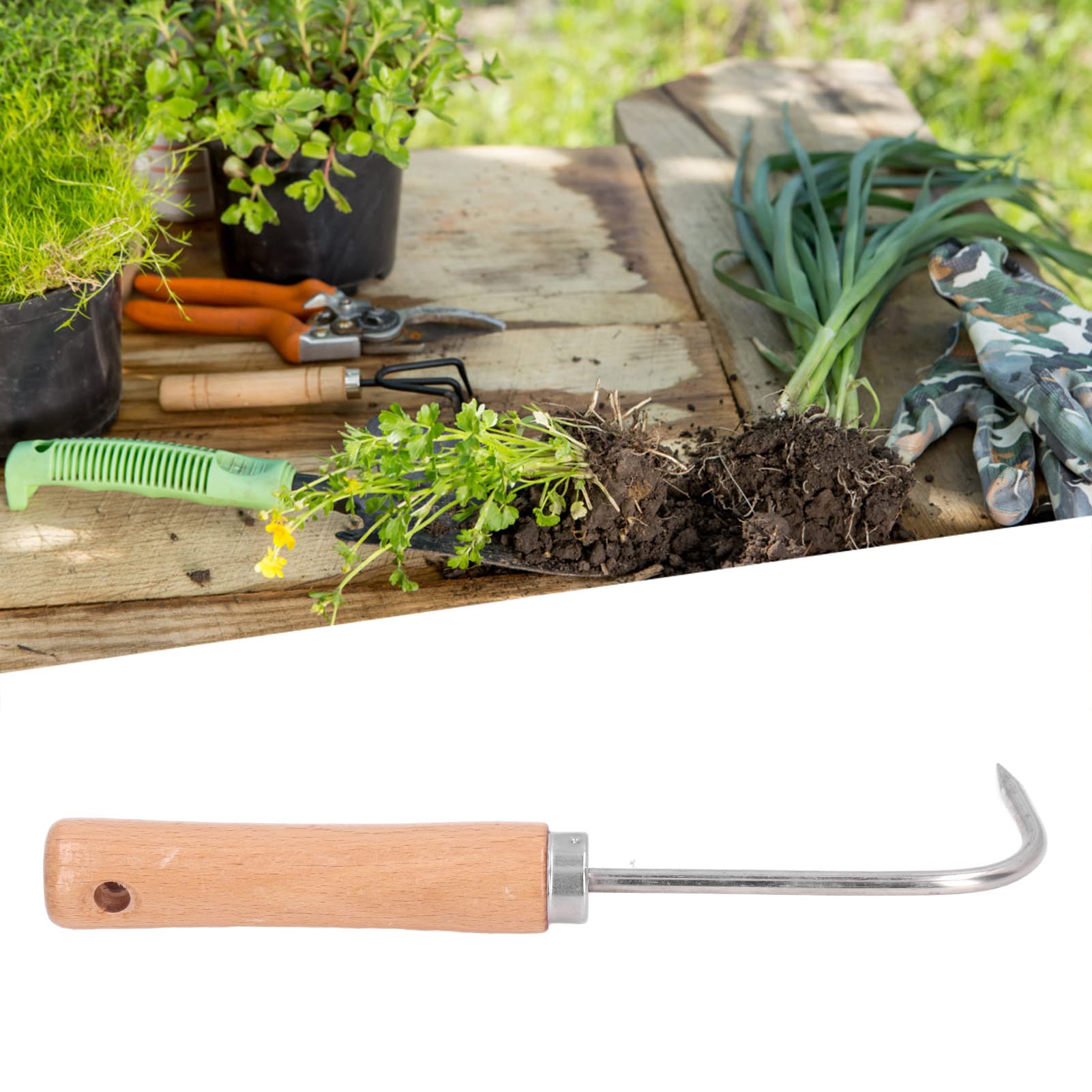 2Pcs 240mm/ 9.45in Single Claw Bonsai Root Hook, Stainless Steel Gardening Digging Tools with Wooden Handle for Weeding Planting Flowers