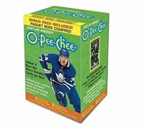 2021-22 nhl o-pee-chee opc hockey factory sealed blaster box 72 cards made by upper deck 9 packs of 8 cards per pack. look for rookie cards from an amazing rookie class such as trevor zegras, jeremy swayman, cole caufield, spencer knight, alex newhook, qu