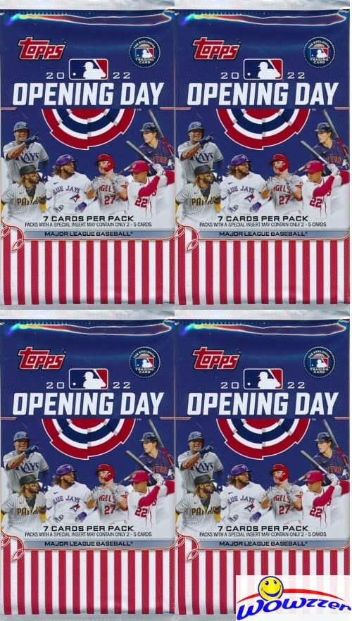 2022 Topps Opening Day Baseball Collection of FOUR (4) Factory Sealed HOBBY Packs with 28 Cards! EVERY Pack Includes 1 Insert! Look for Autos of Mike Trout, Fernando Tatis, Shohei Ohtani & Many More!