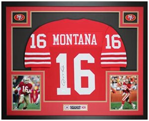 joe montana autographed red san francisco jersey - beautifully matted and framed - hand signed by montana and certified authentic by jsa - includes certificate of authenticity