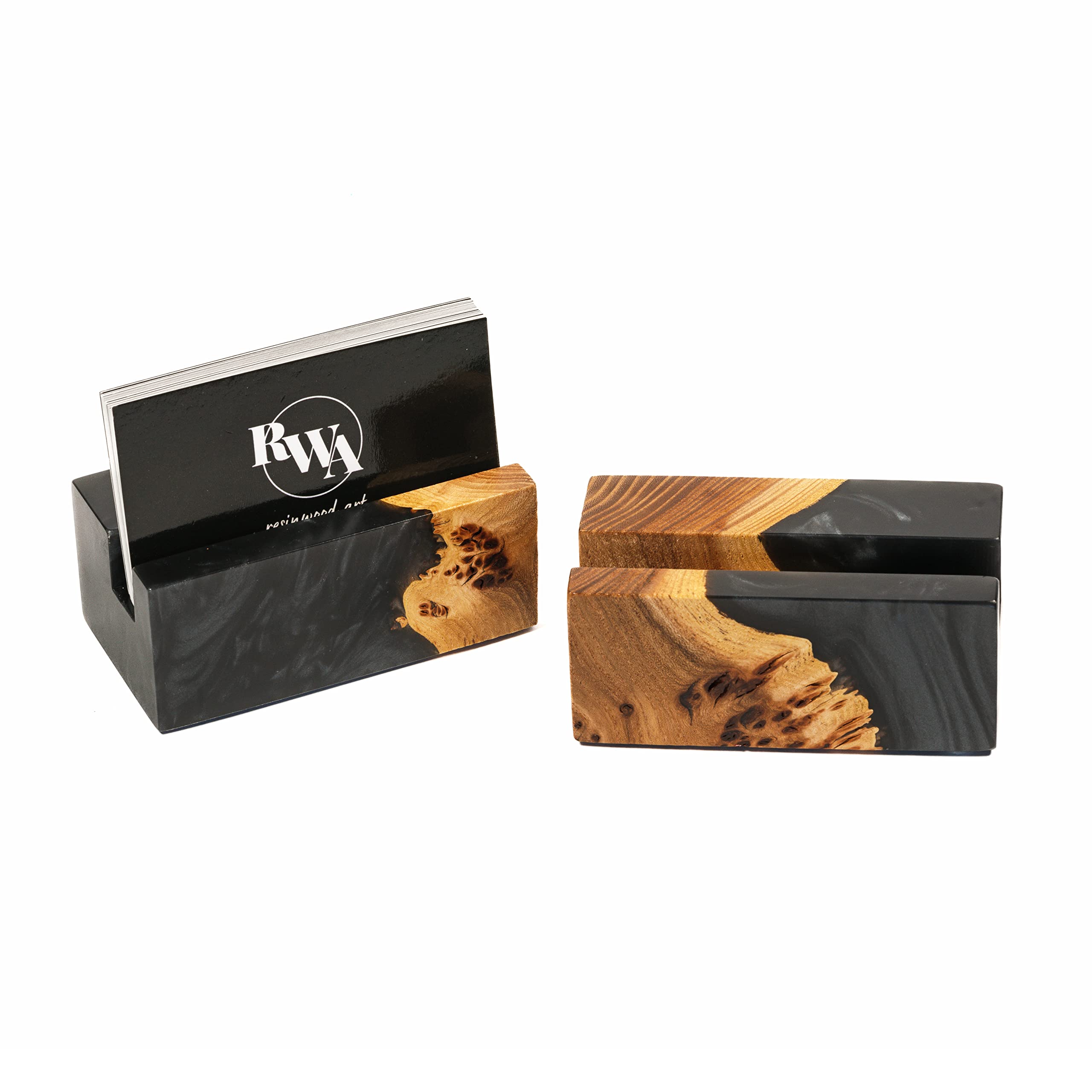 RWA resinwood.art – Unique Resin Business Card Holder Desk, Wood Cards Stand for Office, Luxury Desktop Wooden Bussiness Card Display, Home decor Tabletop Accessories (Black)