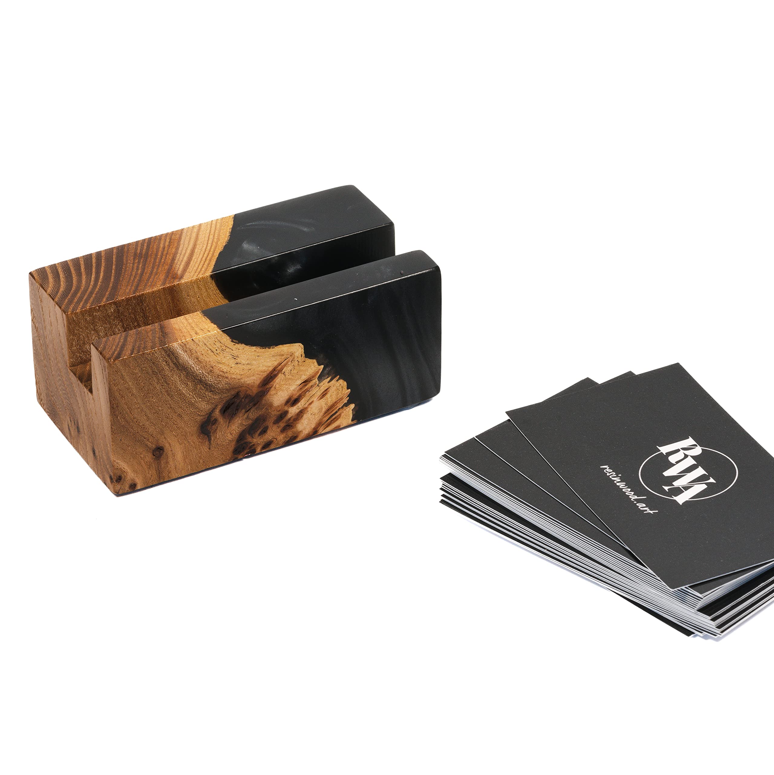 RWA resinwood.art – Unique Resin Business Card Holder Desk, Wood Cards Stand for Office, Luxury Desktop Wooden Bussiness Card Display, Home decor Tabletop Accessories (Black)