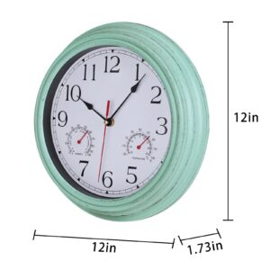 MUMTOP Indoor Outdoor Clock, 12 Inch Outdoor Waterproof Wall Clock with Thermometer and Hygrometer Combo for Patio Home Living Room Decor(Sage Green)