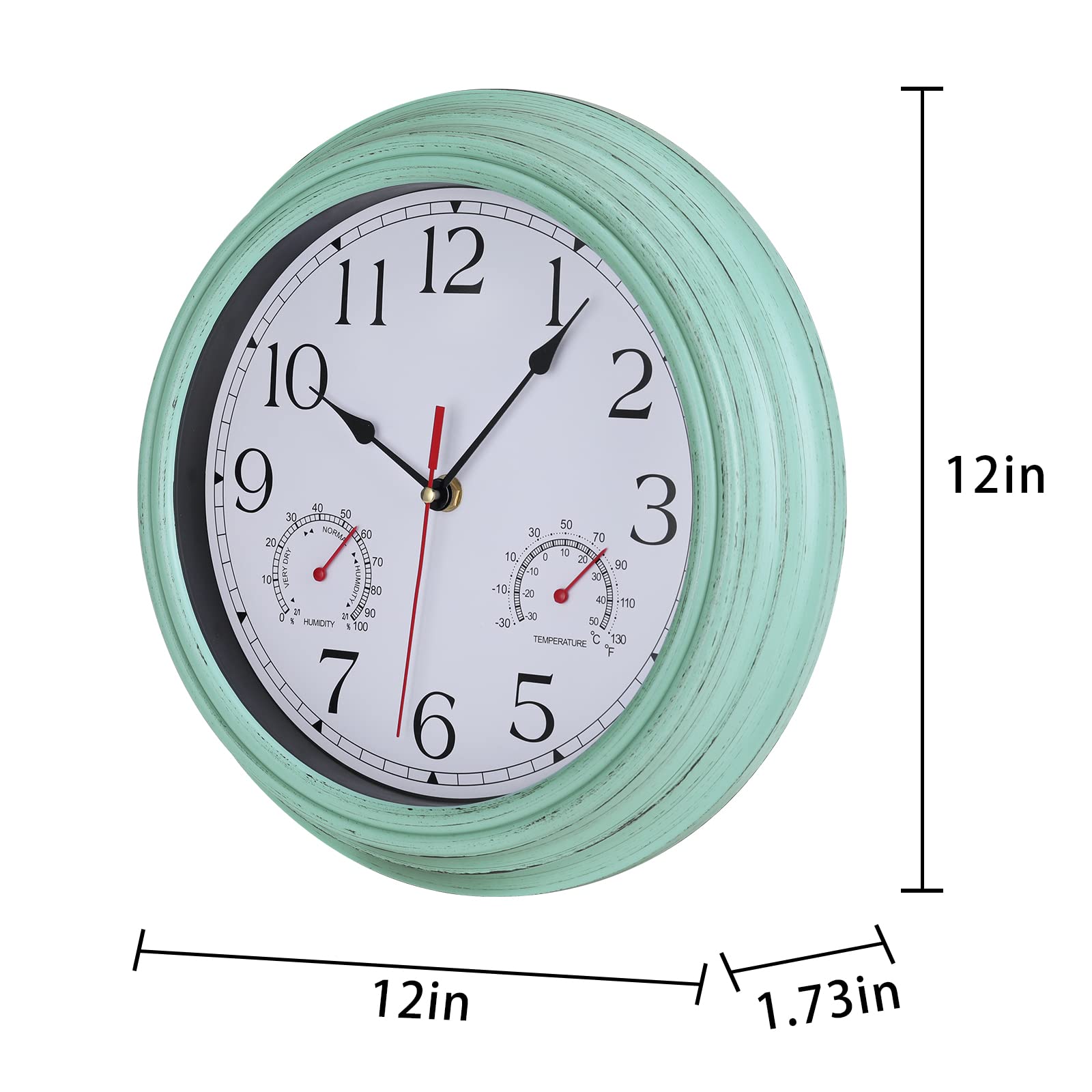 MUMTOP Indoor Outdoor Clock, 12 Inch Outdoor Waterproof Wall Clock with Thermometer and Hygrometer Combo for Patio Home Living Room Decor(Sage Green)