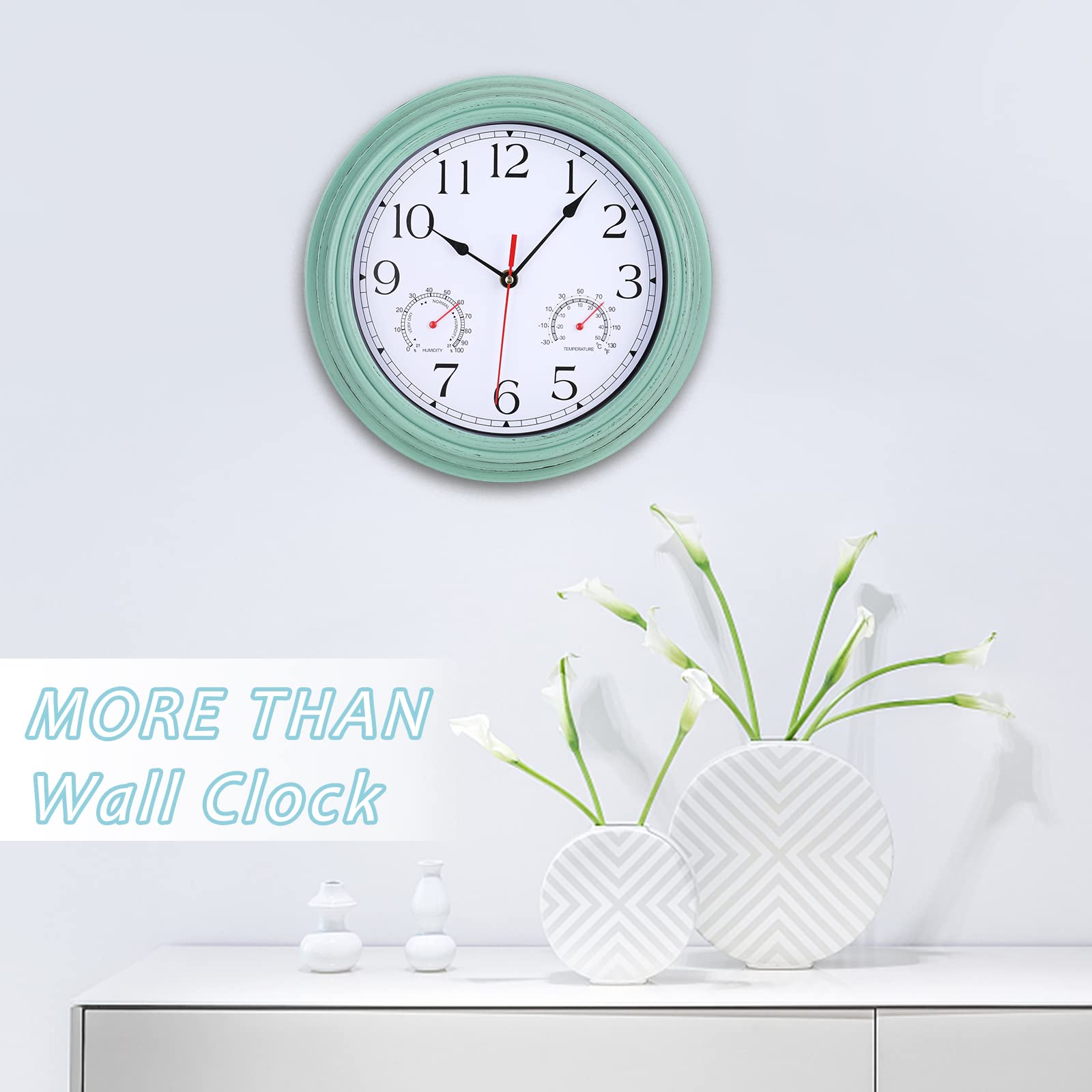 MUMTOP Indoor Outdoor Clock, 12 Inch Outdoor Waterproof Wall Clock with Thermometer and Hygrometer Combo for Patio Home Living Room Decor(Sage Green)