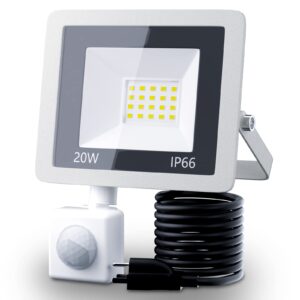 miwat 20w plug in led motion sensor flood light, pir induction lamp, dusk to dawn outdoor auto on/off, 6500k security spot daylight, ip66 rainproof work light for garage yard patio porch doorway wall