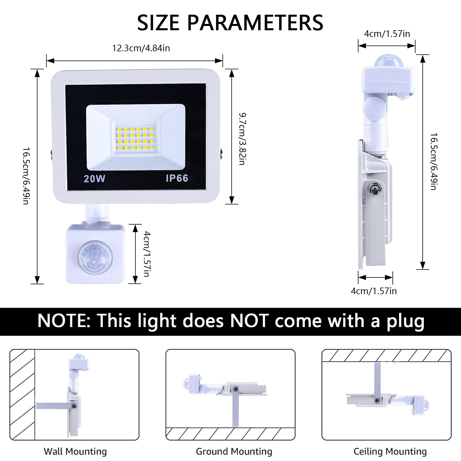 MIWAT 20W Plug in LED Motion Sensor Flood Light, PIR Induction Lamp, Dusk to Dawn Outdoor Auto ON/Off, 6500K Security Spot Daylight, IP66 Rainproof Work Light for Garage Yard Patio Porch Doorway Wall