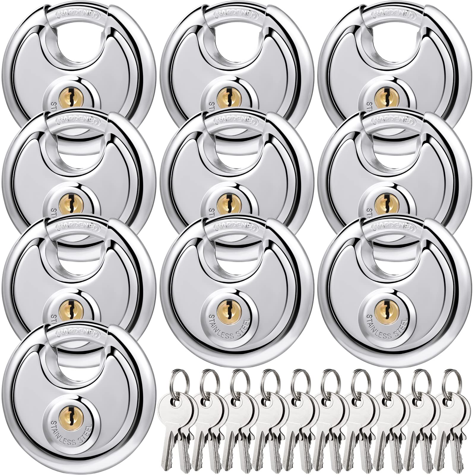 10 Pack Padlocks Alike Keyed, Stainless Steel Pad Locks with Same Key Discus Lock 2-3/4 Inch Wide 3/8 Inch Diameter Shackle, Disc Lock for Outdoor Use, Storage Unit, Sheds, Garages and Fence