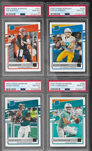 PSA 10 JUSTIN HERBERT JOE BURROW JALEN HURTS & TUA TAGOVAILOA 4 CARD ROOKIE DONRUSS RATED ROOKIE GRADED PSA GEM MINT 10 YOUNG SUPERSTAR NFL QUARTERBACKS