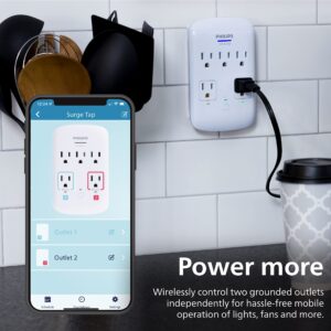 Philips 5-Outlet Extender Smart Surge Protector, Wall Tap, 2 Independent Wi-Fi Outlets, 3-Prong, 490 Joules, Voice Controlled Through Amazon Alexa and Google Assistant, ETL Listed, White, SPP3461WF/37