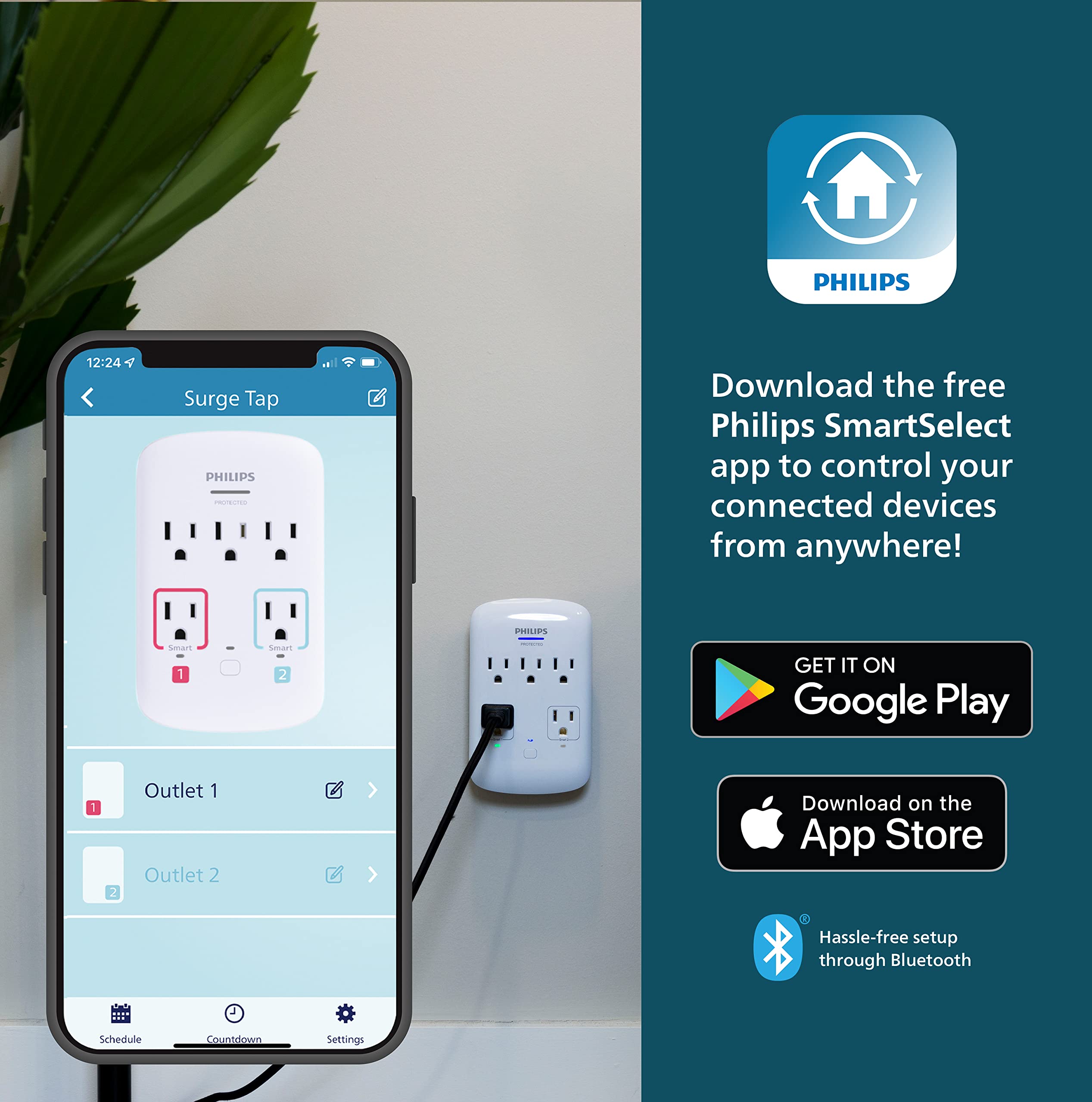 Philips 5-Outlet Extender Smart Surge Protector, Wall Tap, 2 Independent Wi-Fi Outlets, 3-Prong, 490 Joules, Voice Controlled Through Amazon Alexa and Google Assistant, ETL Listed, White, SPP3461WF/37