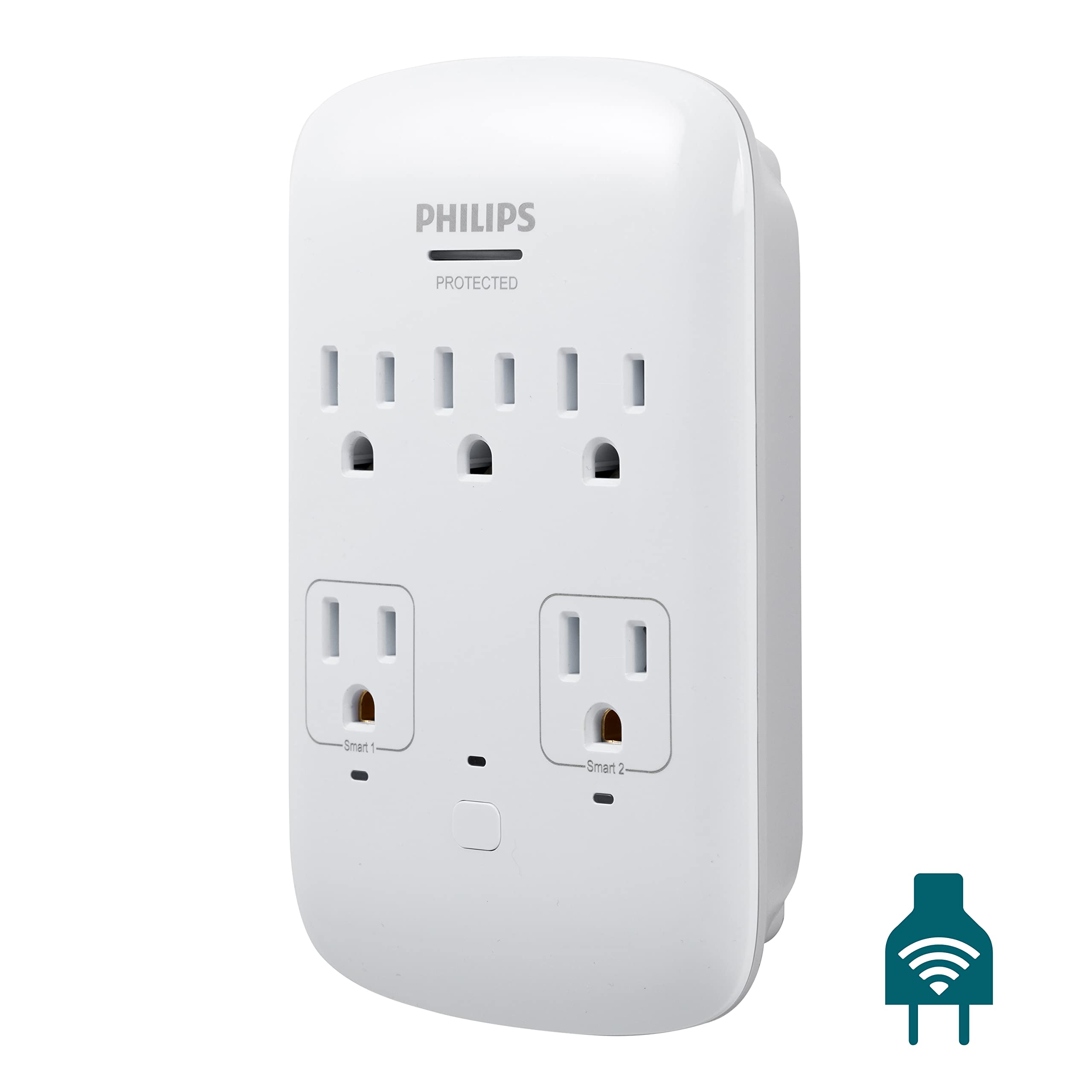 Philips 5-Outlet Extender Smart Surge Protector, Wall Tap, 2 Independent Wi-Fi Outlets, 3-Prong, 490 Joules, Voice Controlled Through Amazon Alexa and Google Assistant, ETL Listed, White, SPP3461WF/37