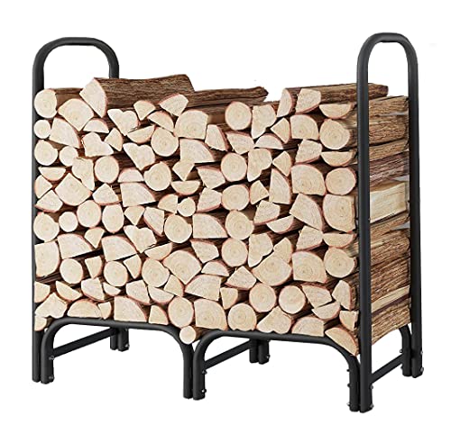 CALIDOLA 4ft Firewood Rack Heavy Duty Indoor Outdoor Firewood Storage Log Rack with Cover，Black Round Tube