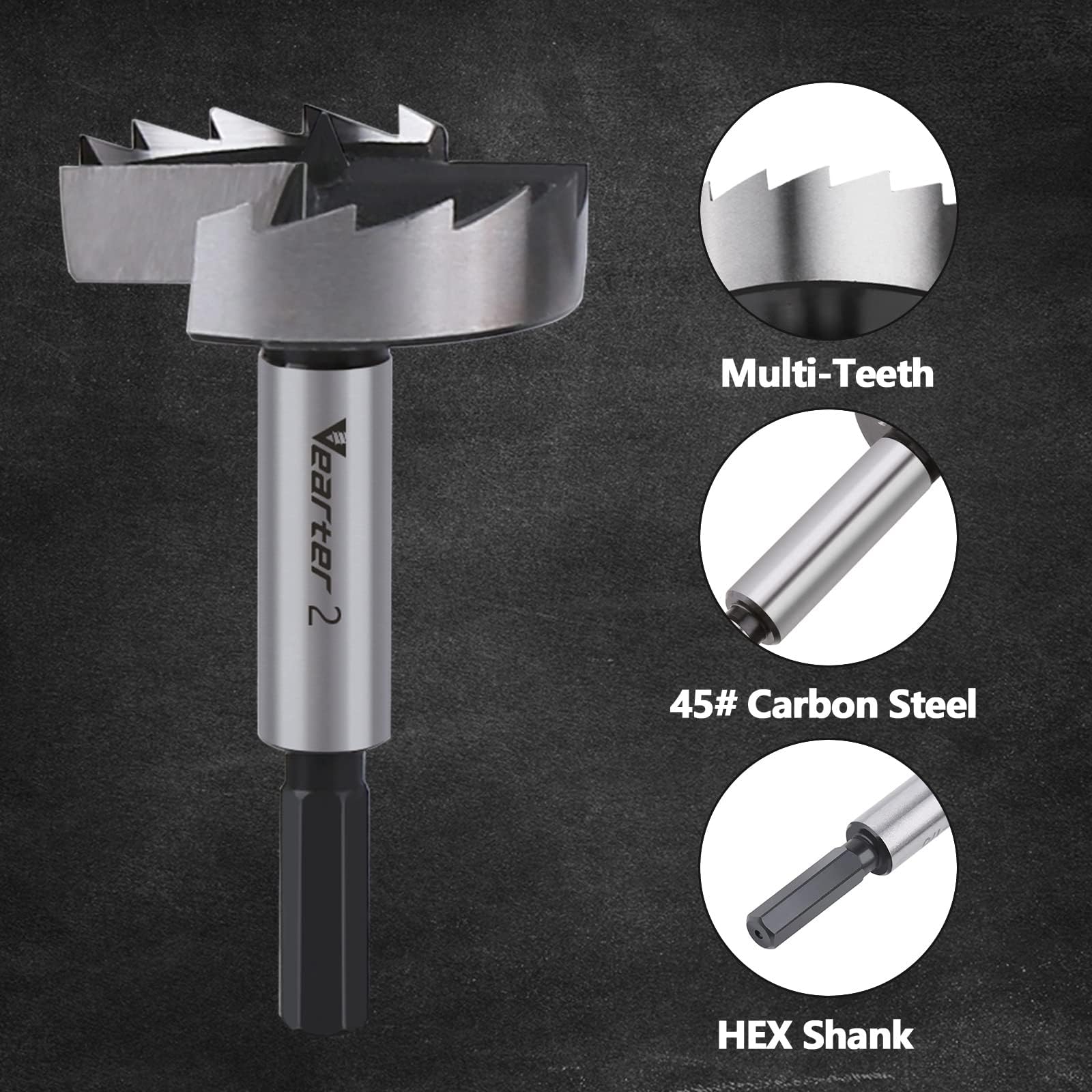 Vearter Forstner Bit Set, 1/4-2-1/8inch 16pcs with 3/8 Hex Shank,Multi Sided Shank Wood Drill bit Hole Saw Kit