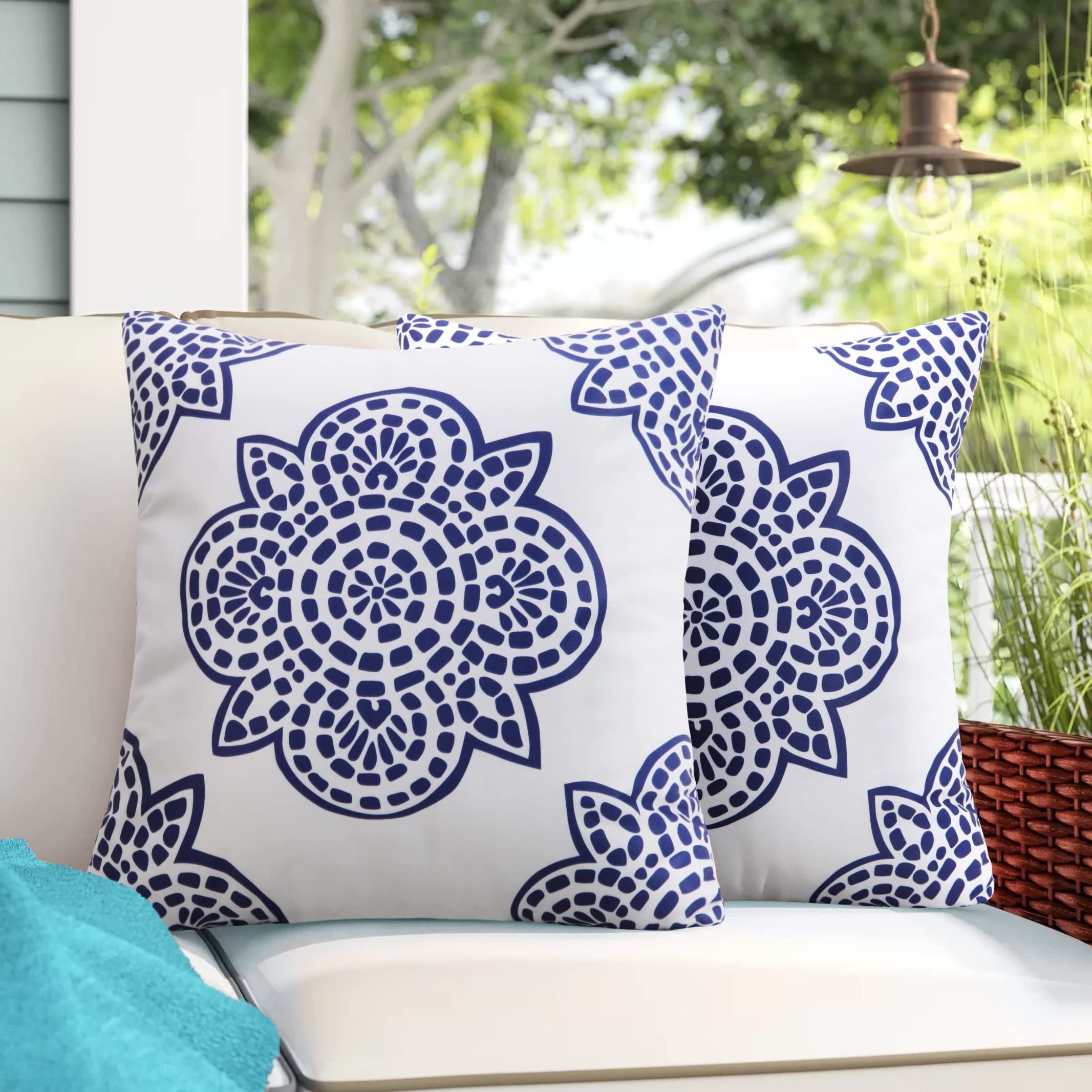 cygnus 18x18 Inch White and Navy Blue Throw Pillow Covers Floral Outdoor Waterproof for Patio Furniture Sunbrella Outside Set of 2