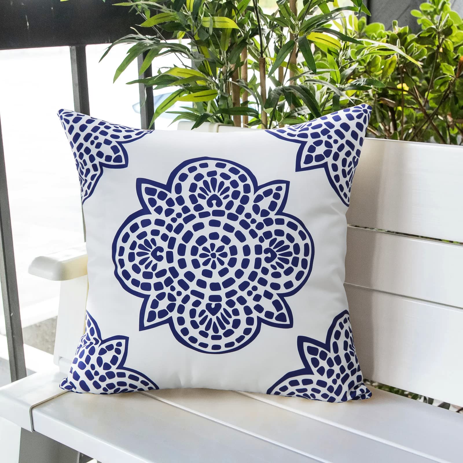 cygnus 18x18 Inch White and Navy Blue Throw Pillow Covers Floral Outdoor Waterproof for Patio Furniture Sunbrella Outside Set of 2