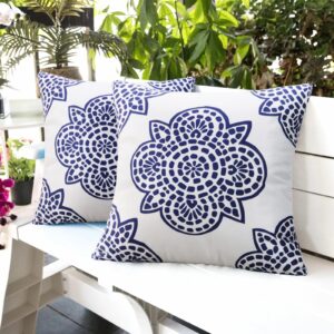 cygnus 18x18 Inch White and Navy Blue Throw Pillow Covers Floral Outdoor Waterproof for Patio Furniture Sunbrella Outside Set of 2