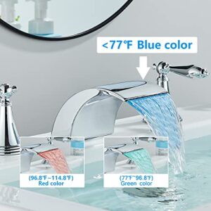 Cfeoerf LED Bathroom Faucets for Sink 3 Hole Bathroom Sink Faucet 2 Handle Bathroom Sink Faucets Waterfall Widespread Faucet with 2 Handle Chrome Bath Taps