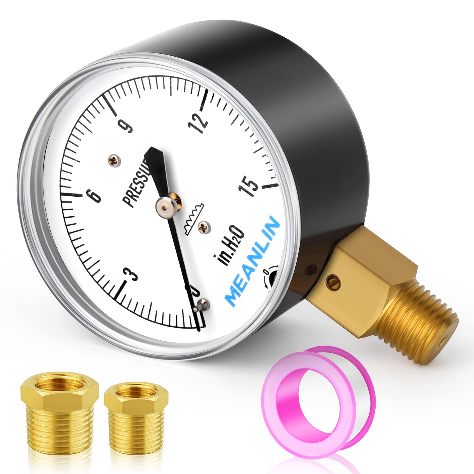 MEANLIN MEASURE 0-15 in H2O Diaphragm Type Capsule Low Pressure Gauge 1/4" NPT 2-1/4" FACE DIAL Adjustable Water Column Gauge, with 1/4" x 1/2" NPT and 1/4" x 3/8" NPT Hex Bushing, Lower Mount