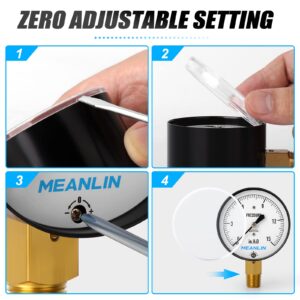 MEANLIN MEASURE 0-15 in H2O Diaphragm Type Capsule Low Pressure Gauge 1/4" NPT 2-1/4" FACE DIAL Adjustable Water Column Gauge, with 1/4" x 1/2" NPT and 1/4" x 3/8" NPT Hex Bushing, Lower Mount