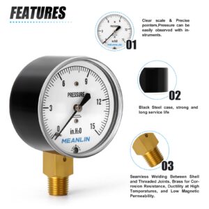 MEANLIN MEASURE 0-15 in H2O Diaphragm Type Capsule Low Pressure Gauge 1/4" NPT 2-1/4" FACE DIAL Adjustable Water Column Gauge, with 1/4" x 1/2" NPT and 1/4" x 3/8" NPT Hex Bushing, Lower Mount