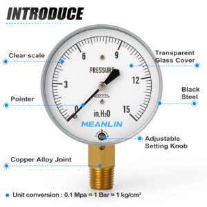 MEANLIN MEASURE 0-15 in H2O Diaphragm Type Capsule Low Pressure Gauge 1/4" NPT 2-1/4" FACE DIAL Adjustable Water Column Gauge, with 1/4" x 1/2" NPT and 1/4" x 3/8" NPT Hex Bushing, Lower Mount