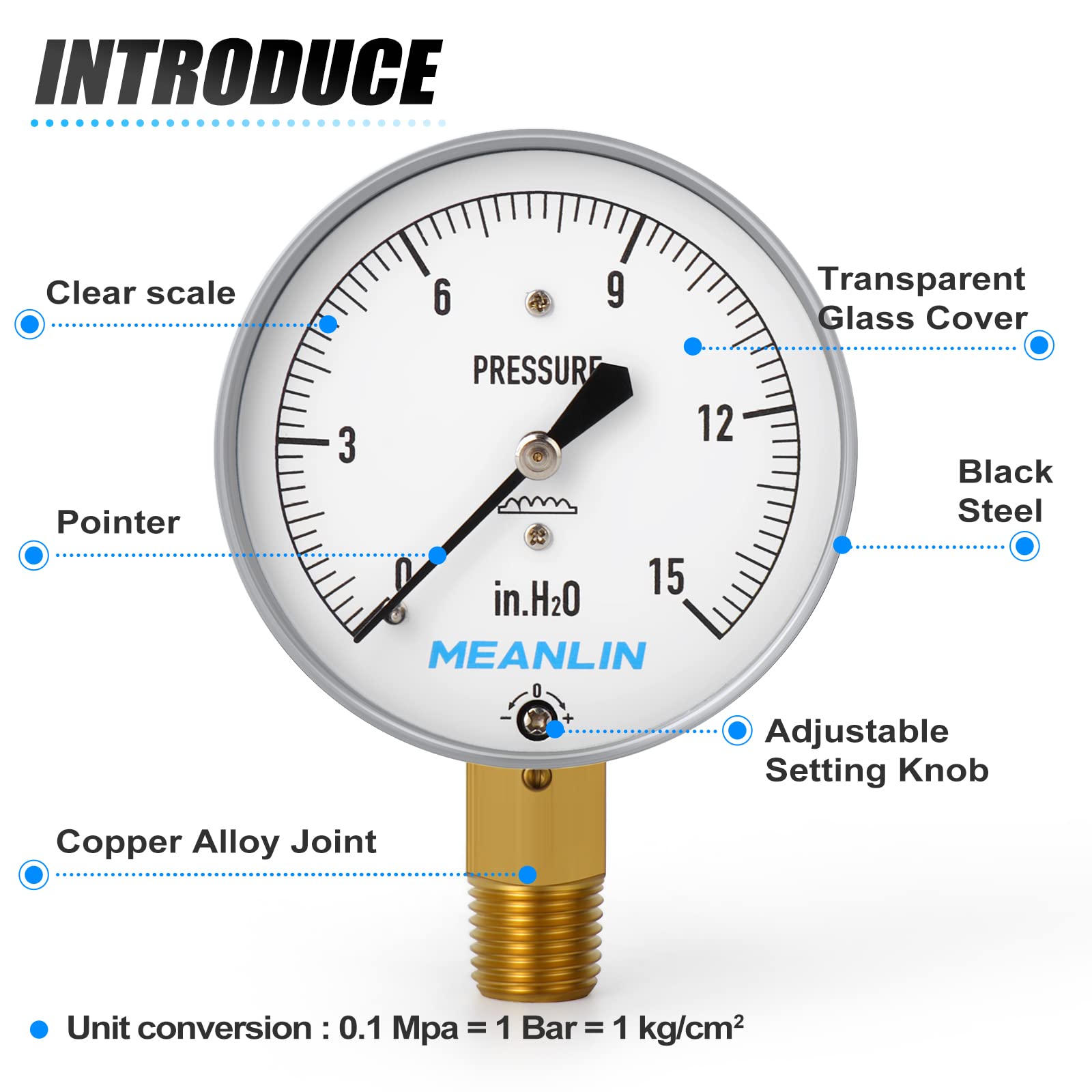 MEANLIN MEASURE 0-15 in H2O Diaphragm Type Capsule Low Pressure Gauge 1/4" NPT 2-1/4" FACE DIAL Adjustable Water Column Gauge, with 1/4" x 1/2" NPT and 1/4" x 3/8" NPT Hex Bushing, Lower Mount