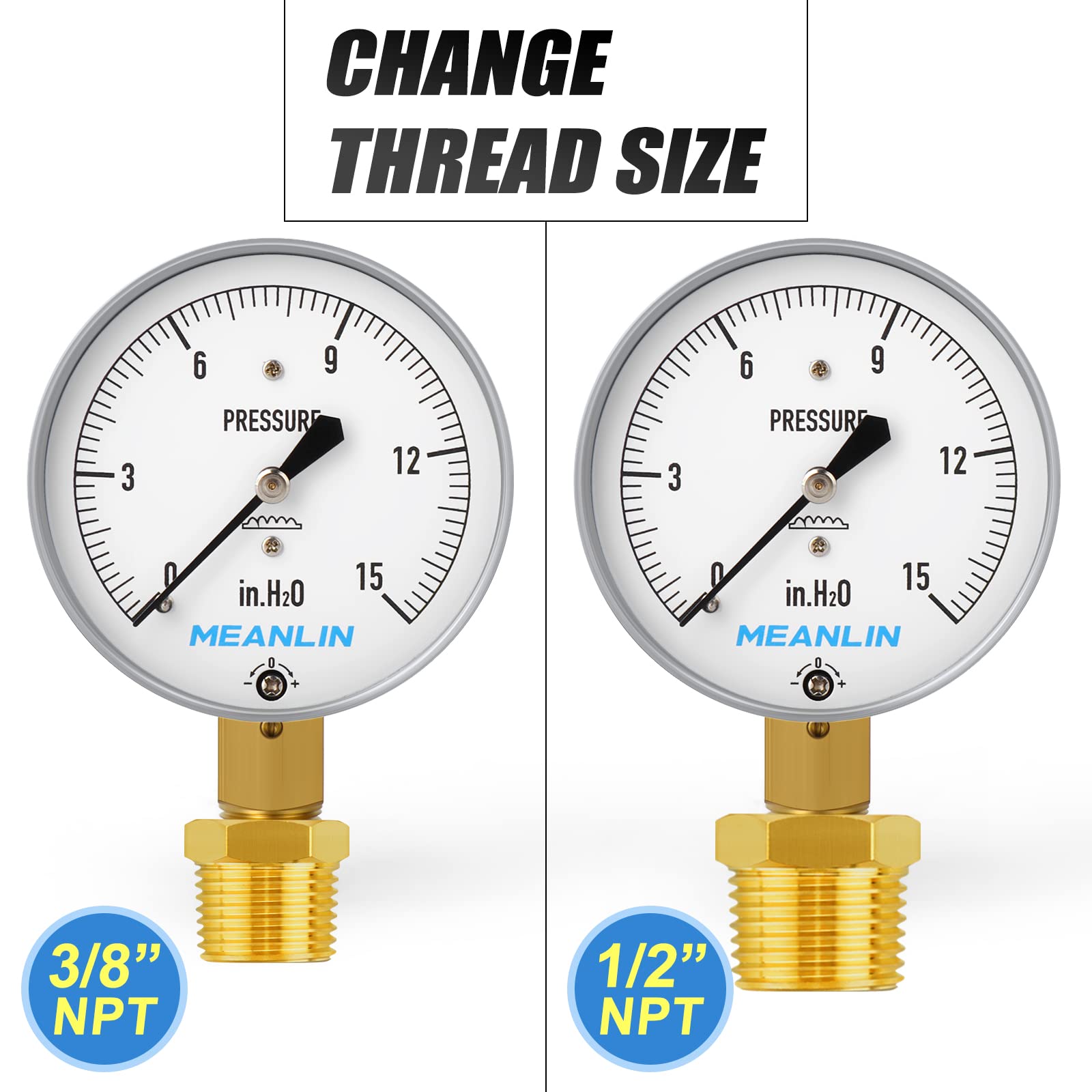 MEANLIN MEASURE 0-15 in H2O Diaphragm Type Capsule Low Pressure Gauge 1/4" NPT 2-1/4" FACE DIAL Adjustable Water Column Gauge, with 1/4" x 1/2" NPT and 1/4" x 3/8" NPT Hex Bushing, Lower Mount