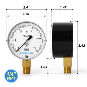 MEANLIN MEASURE 0-15 in H2O Diaphragm Type Capsule Low Pressure Gauge 1/4" NPT 2-1/4" FACE DIAL Adjustable Water Column Gauge, with 1/4" x 1/2" NPT and 1/4" x 3/8" NPT Hex Bushing, Lower Mount