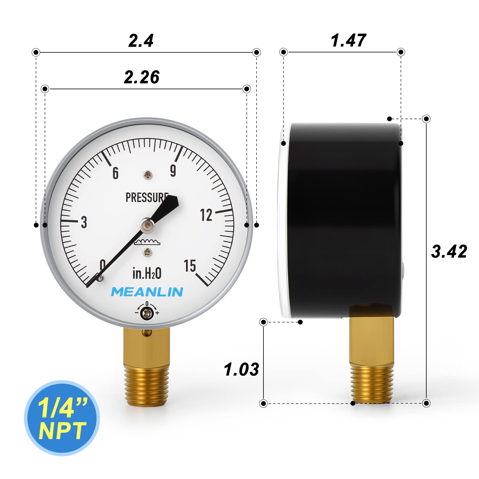 MEANLIN MEASURE 0-15 in H2O Diaphragm Type Capsule Low Pressure Gauge 1/4" NPT 2-1/4" FACE DIAL Adjustable Water Column Gauge, with 1/4" x 1/2" NPT and 1/4" x 3/8" NPT Hex Bushing, Lower Mount