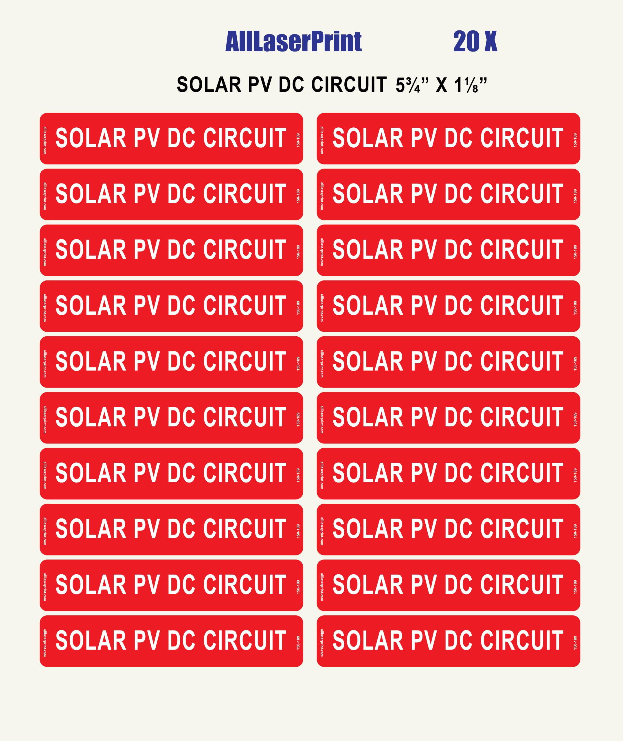 Photovoltaic Labels for PV Solar System_"Solar PV DC Circuit" _5¾” X 1⅛ ” _Pack of 20