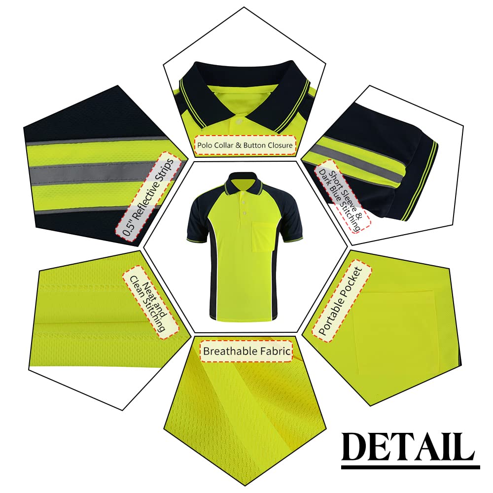 LOVPOSNTY Safety Polo Shirts High Visibility Reflective Shirts, Construction Work Shirts for Men(Short Sleeve,Yellow-S,2XL)