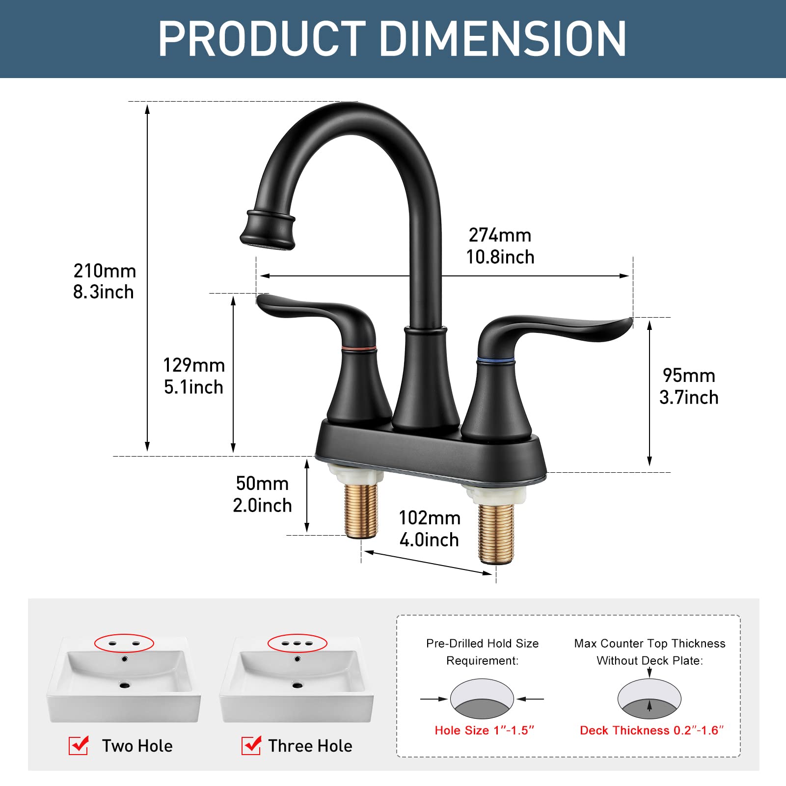 Bathroom Sink Faucet GENBONS 4 Inch 2 Handle Centerset Bathroom Faucet Lead-Free Matte Black Bath Sink Faucet with Pop-up Drain Stopper and Supply Hose, Bathroom Faucets California Compliant