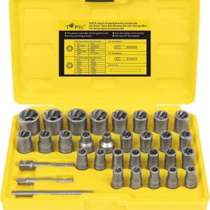 TOPEC Upgrade Bolt Extractor Kit, 32PCS Impact Bolt & Nut Remover Set, 6mm-19mm Stripped Bolt Extractor Socket Set, Eazy Out Bolt Extractor Set for Stripped, Broken, Rounded Bolts, Nuts & Screws