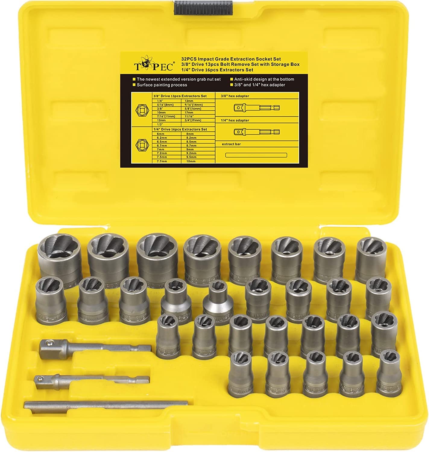 TOPEC Upgrade Bolt Extractor Kit, 32PCS Impact Bolt & Nut Remover Set, 6mm-19mm Stripped Bolt Extractor Socket Set, Eazy Out Bolt Extractor Set for Stripped, Broken, Rounded Bolts, Nuts & Screws