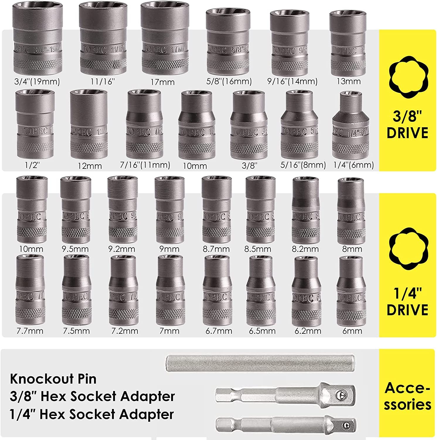 TOPEC Upgrade Bolt Extractor Kit, 32PCS Impact Bolt & Nut Remover Set, 6mm-19mm Stripped Bolt Extractor Socket Set, Eazy Out Bolt Extractor Set for Stripped, Broken, Rounded Bolts, Nuts & Screws