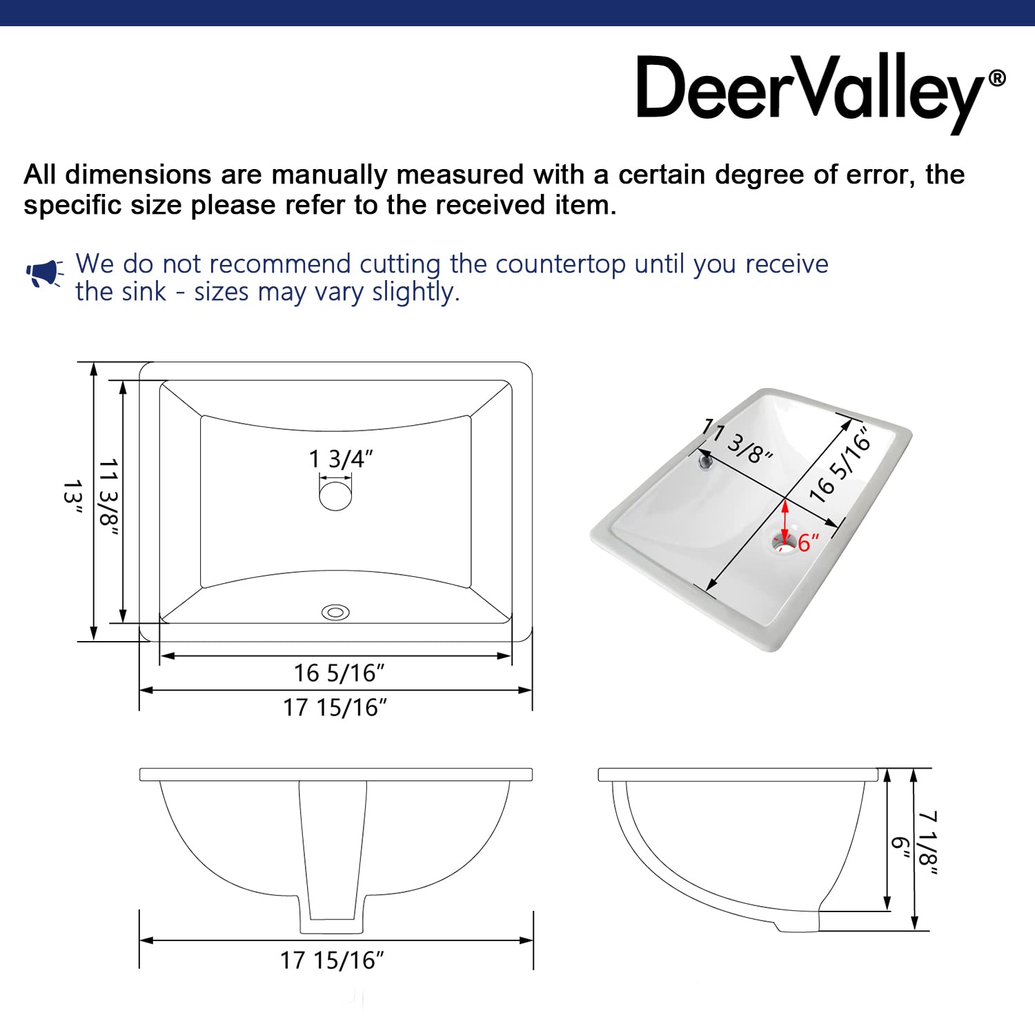 DeerValley DV-1U306 Ursa Undermount Bathroom Sink, 18'' x 13'' Vessel Sinks Rectangle Undermount Sink Modern White Ceramic Vanity Vessel Sink with Overflow