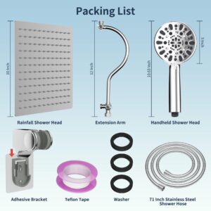 Hibbent All Metal Shower Head, 10'' High Pressure Rainfall Shower Head/Handheld Showerhead Combo with 12'' Adjustable Curved Shower Extension Arm, 7-Spray, 71'' Shower Hose, Showerhead Holder, Chrome