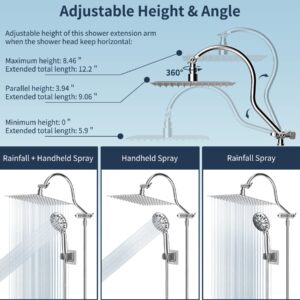 Hibbent All Metal Shower Head, 10'' High Pressure Rainfall Shower Head/Handheld Showerhead Combo with 12'' Adjustable Curved Shower Extension Arm, 7-Spray, 71'' Shower Hose, Showerhead Holder, Chrome