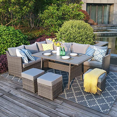 Patiorama 7 Pieces Patio Furniture Set, All Weather Grey Wicker Rattan Conversation Set, Outdoor Dining Sectional Sofa Set, w/Table Chair Ottomans, Plastic Wood Top for Garden Pool Deck-Grey Cushion