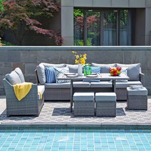 Patiorama 7 Pieces Patio Furniture Set, All Weather Grey Wicker Rattan Conversation Set, Outdoor Dining Sectional Sofa Set, w/Table Chair Ottomans, Plastic Wood Top for Garden Pool Deck-Grey Cushion